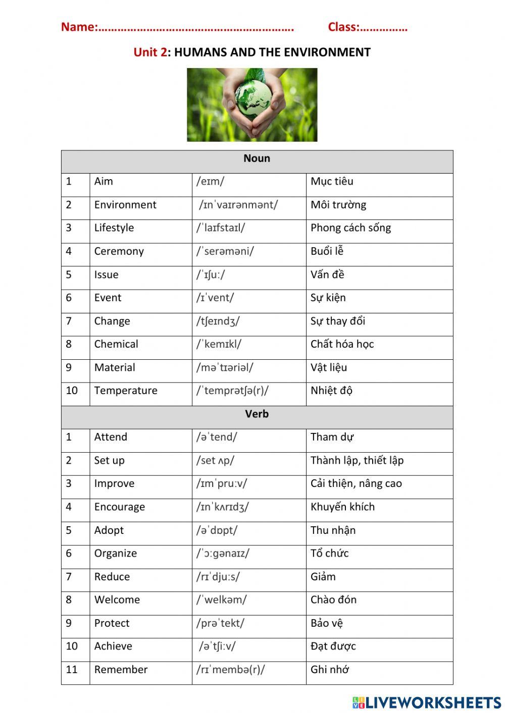 REVISION VOCABULARY OF UNIT 2 GRADE 10 online exercise for | Live ...
