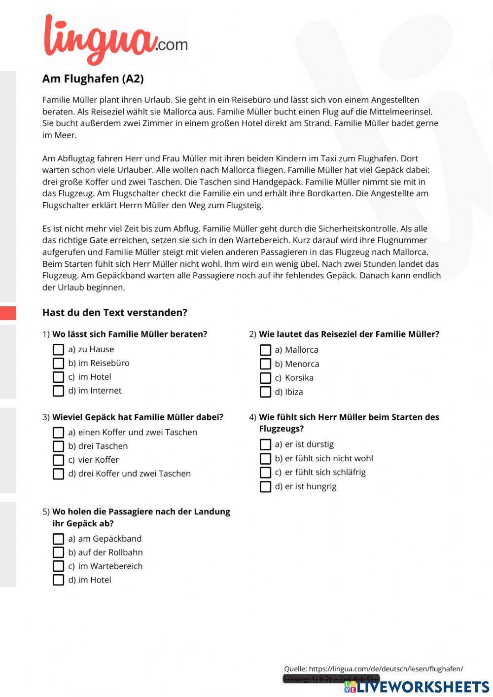 Lesen A2 Flugha… | Free Interactive Worksheets | 2185770