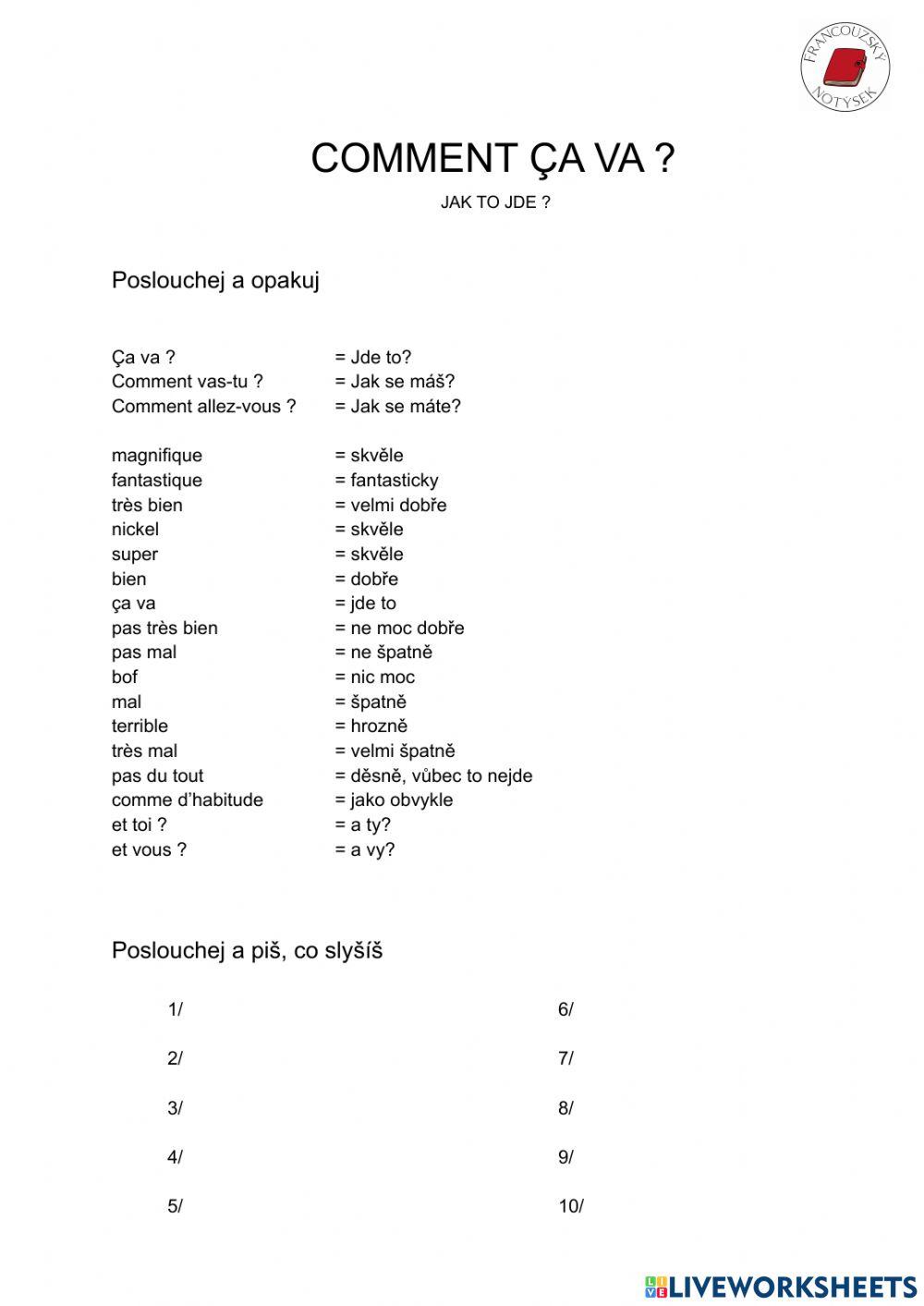 Ça va ? | Free Interactive Worksheets | 2185878