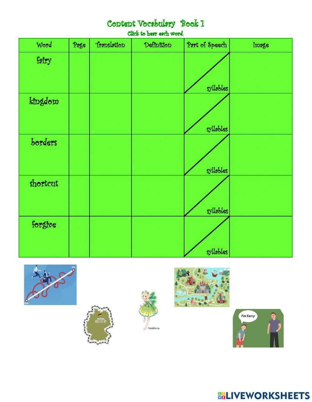 Faerieground Content Vocab 1 worksheet | Live Worksheets