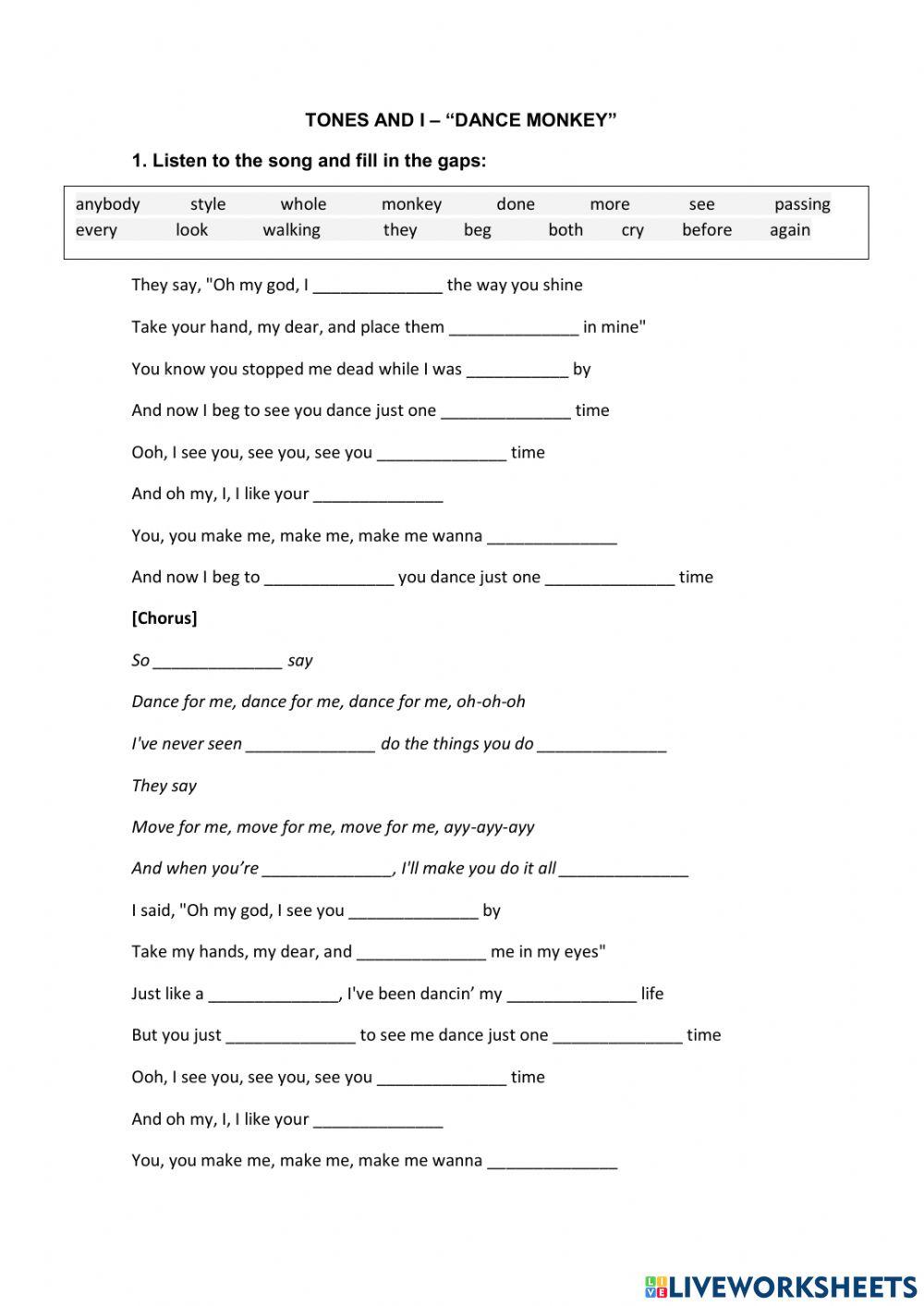 Dance monkey 2186195 | lorda2001 | Live Worksheets