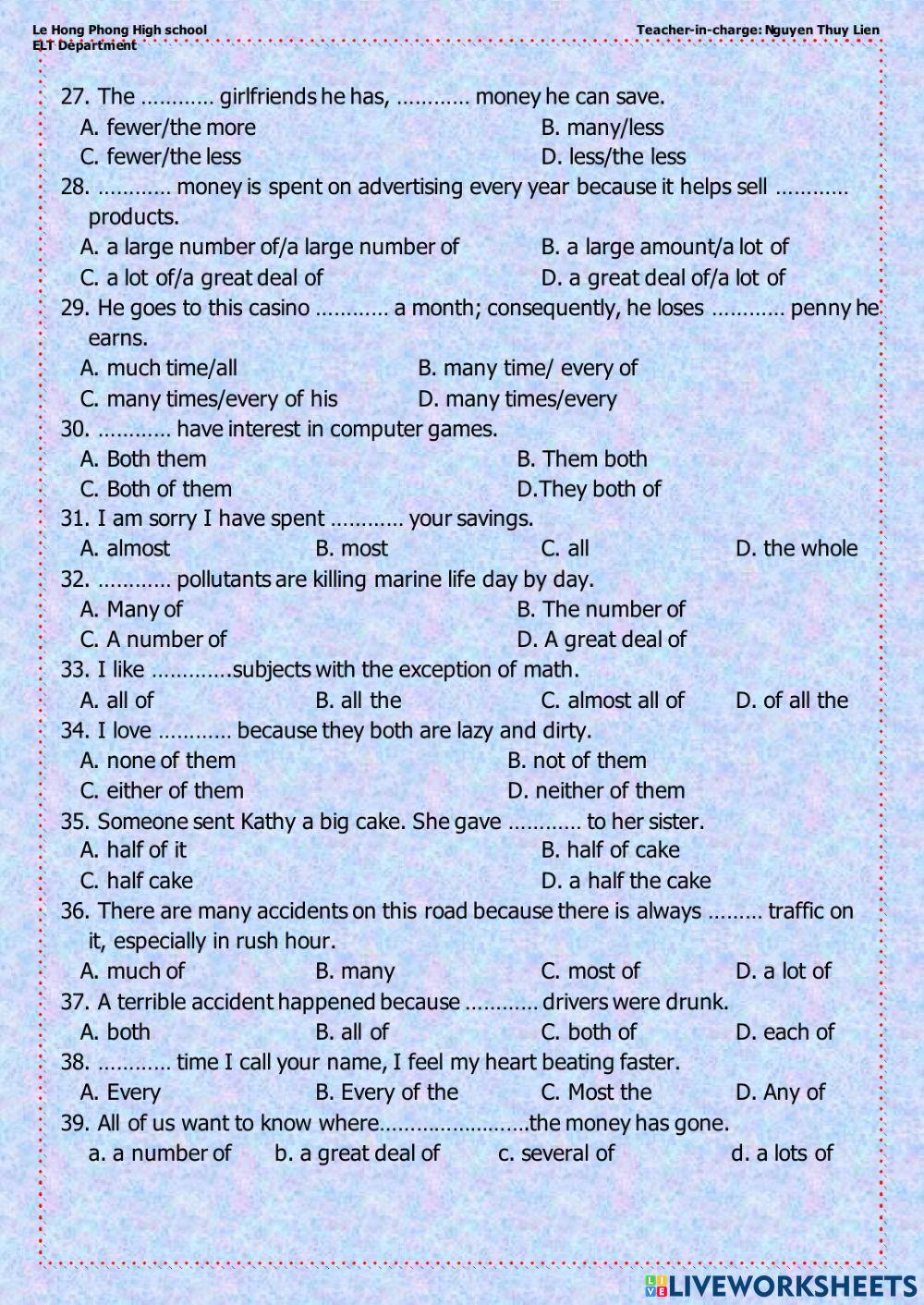 QUANTIFIERS (PRACTICE - MCQ) 7112822 | Nguyễn Thuý Liên