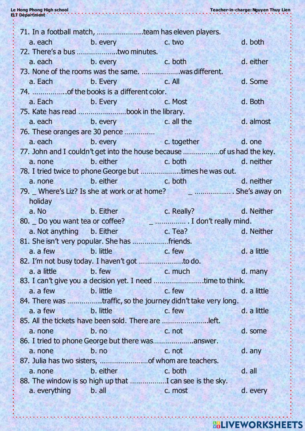 QUANTIFIERS (PRACTICE - MCQ) 7112822 | Nguyễn Thuý Liên