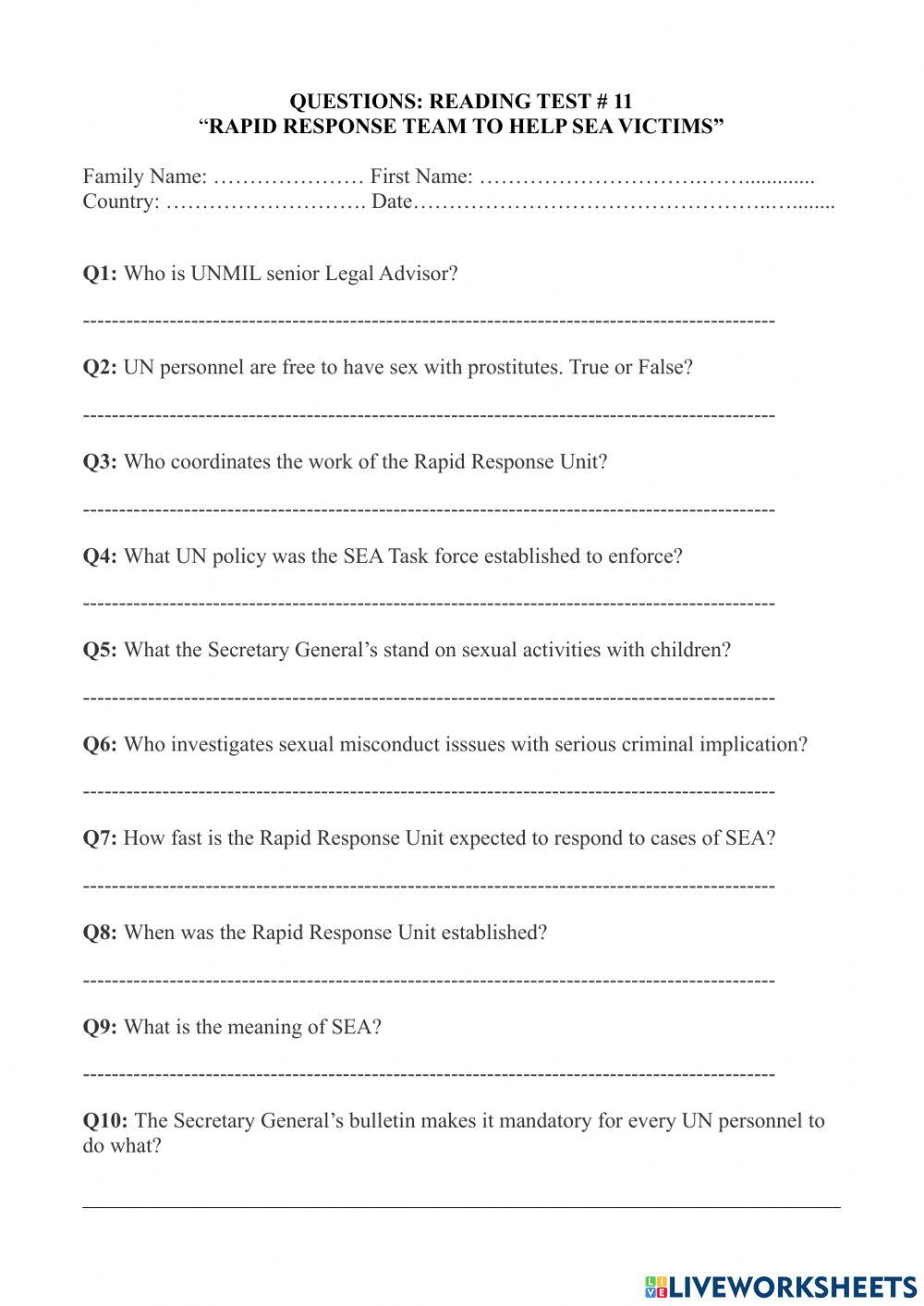 Reading test - 11 “rapid response team to help sea victims” worksheet ...