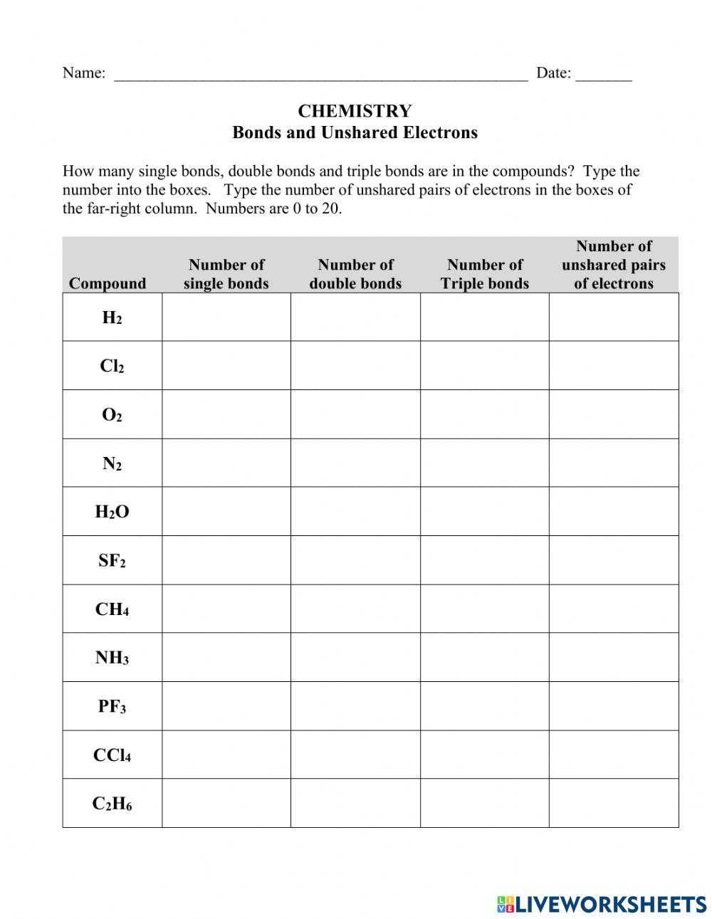 Covalent Bonds and Unshared Electron Pairs worksheet | Live Worksheets