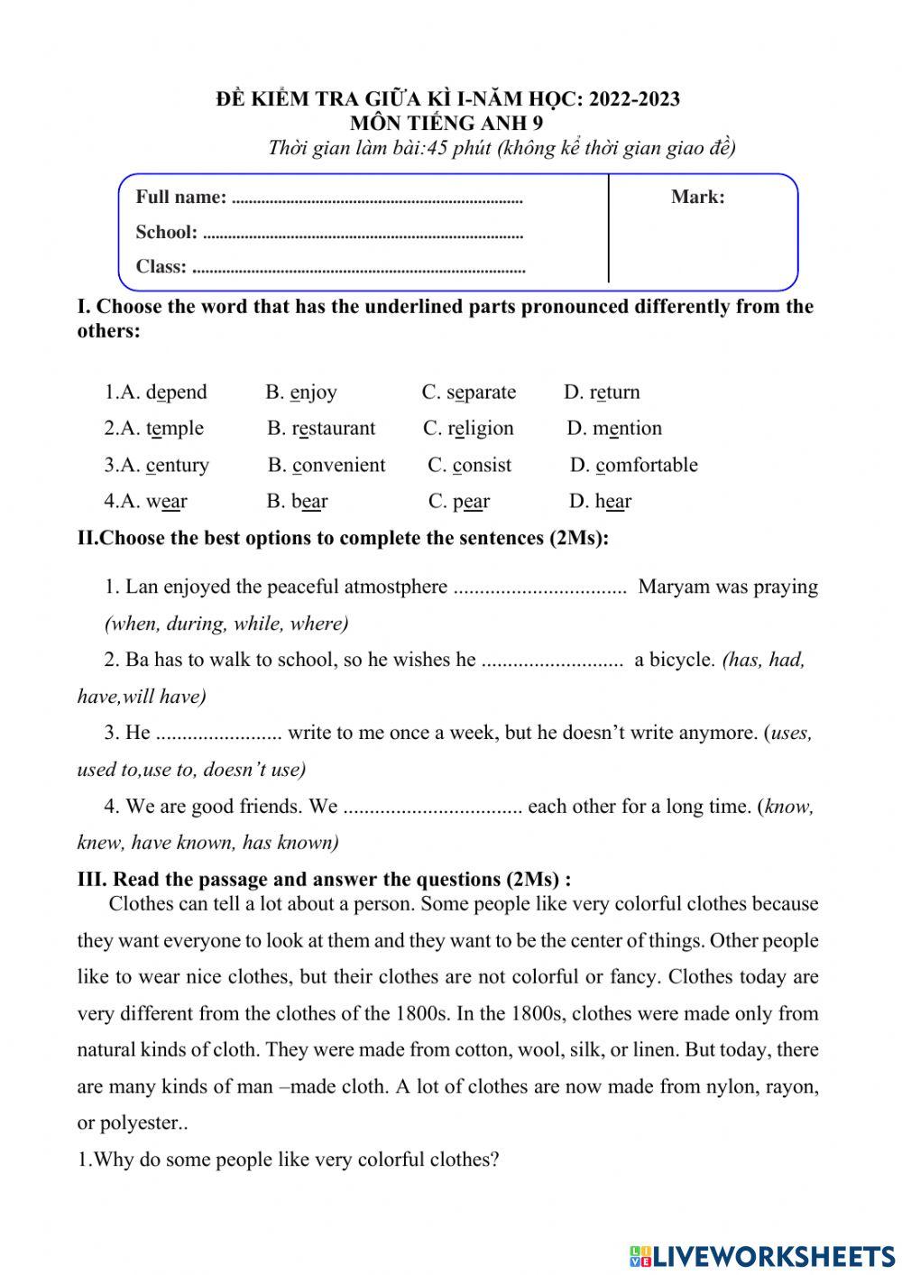 Mid-term test P1 english 9 worksheet | Live Worksheets