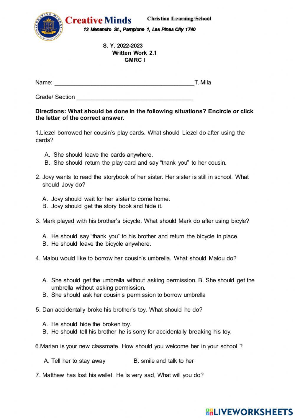 Gmrc 1 ww 2.1 | Free Interactive Worksheets | 2187877