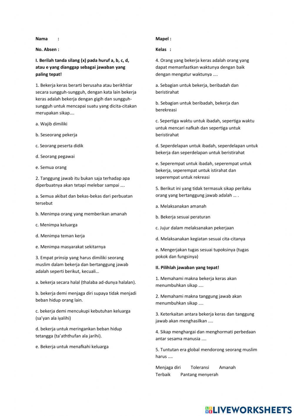 Evaluasi pai smk worksheet | Live Worksheets