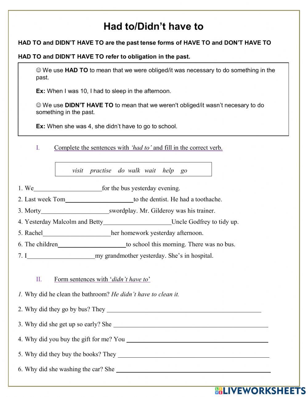 HAD TO COULD online exercise for | Live Worksheets