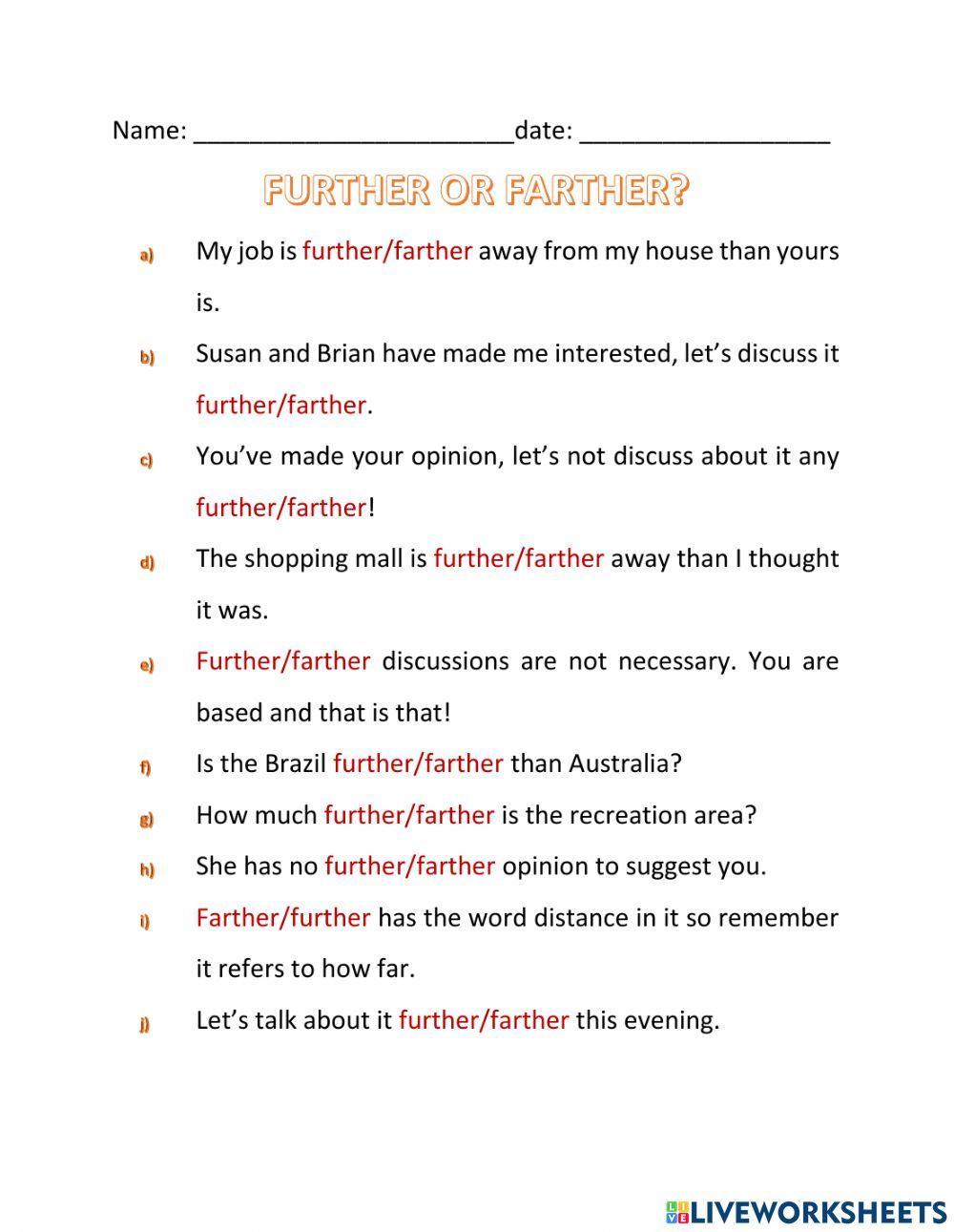 Further or Fart… | Free Interactive Worksheets | 2188263