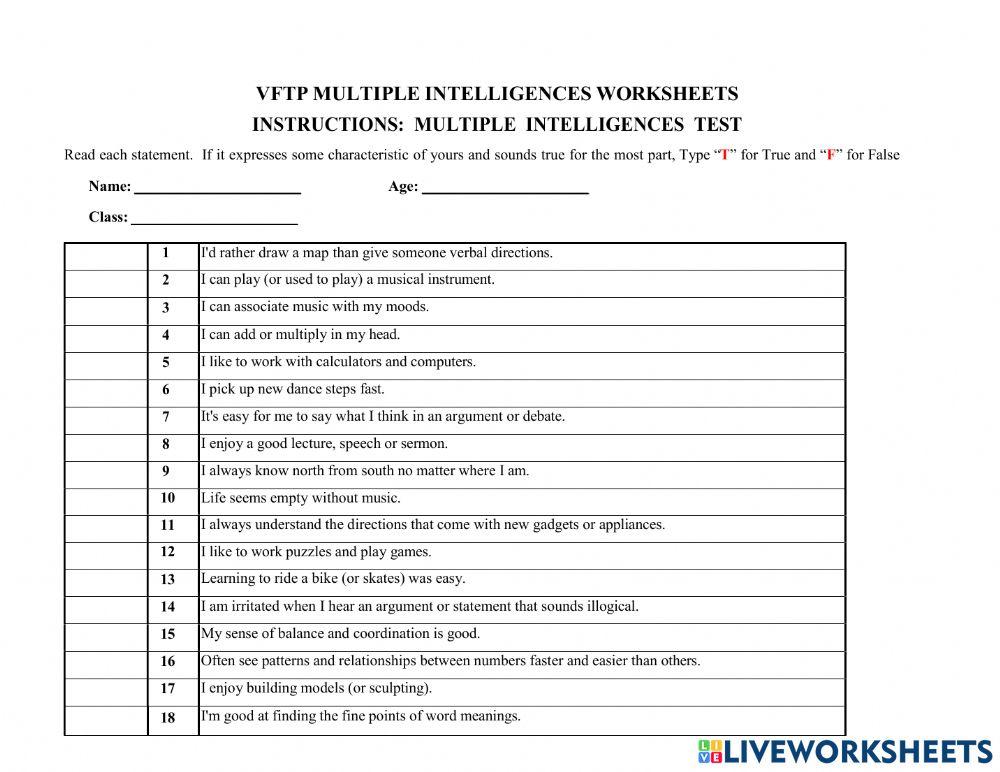 Multiple Intelligence Test online exercise for | Live Worksheets Multiple Intelligence Test online exercise for | Live Worksheets