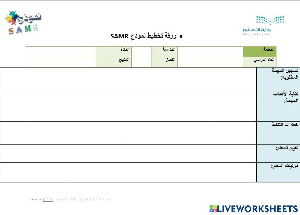 تطبيق نموذج samr لدمج التقنية داخل الفصول الدراسية worksheet | Live ...