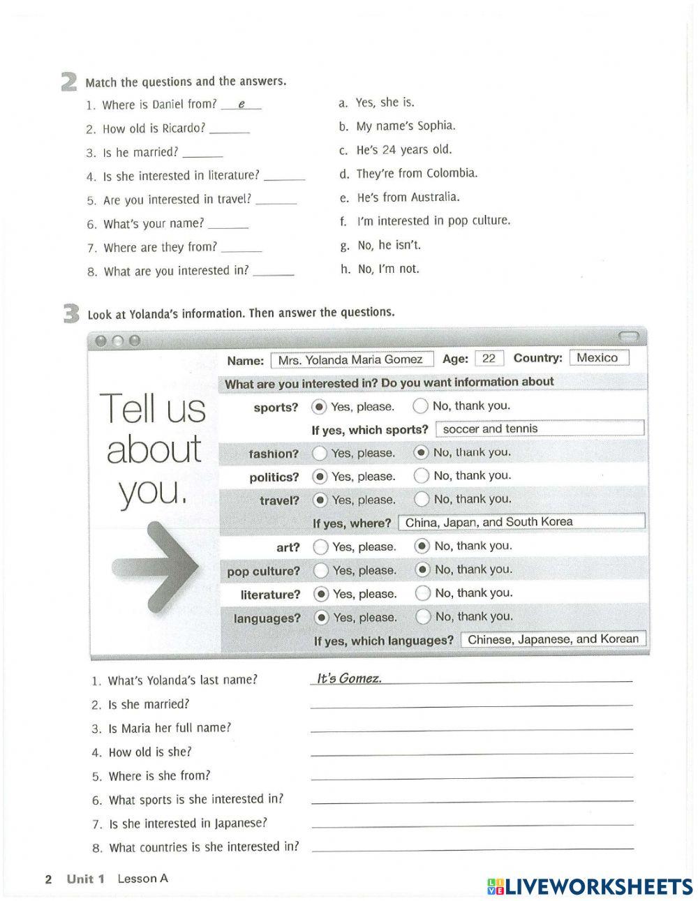 Workbook unit 1A | Free Interactive Worksheets | 2190592