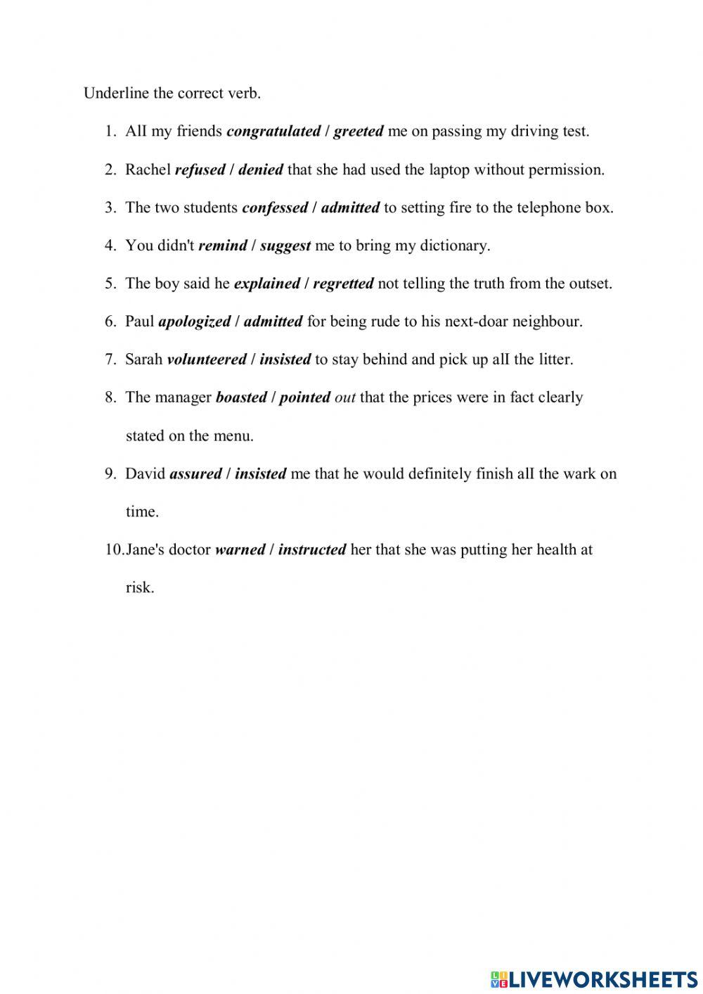 Reporting verbs interactive worksheet for Upper-intermediate | Live Worksheets