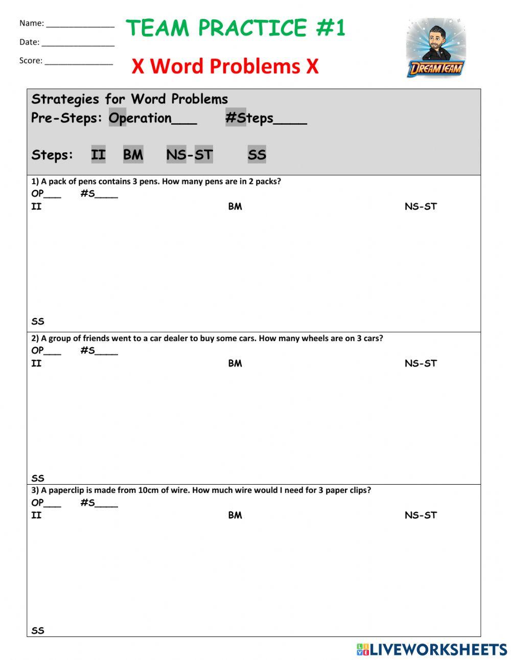 Team Practice -1 x Word Problems worksheet | Live Worksheets