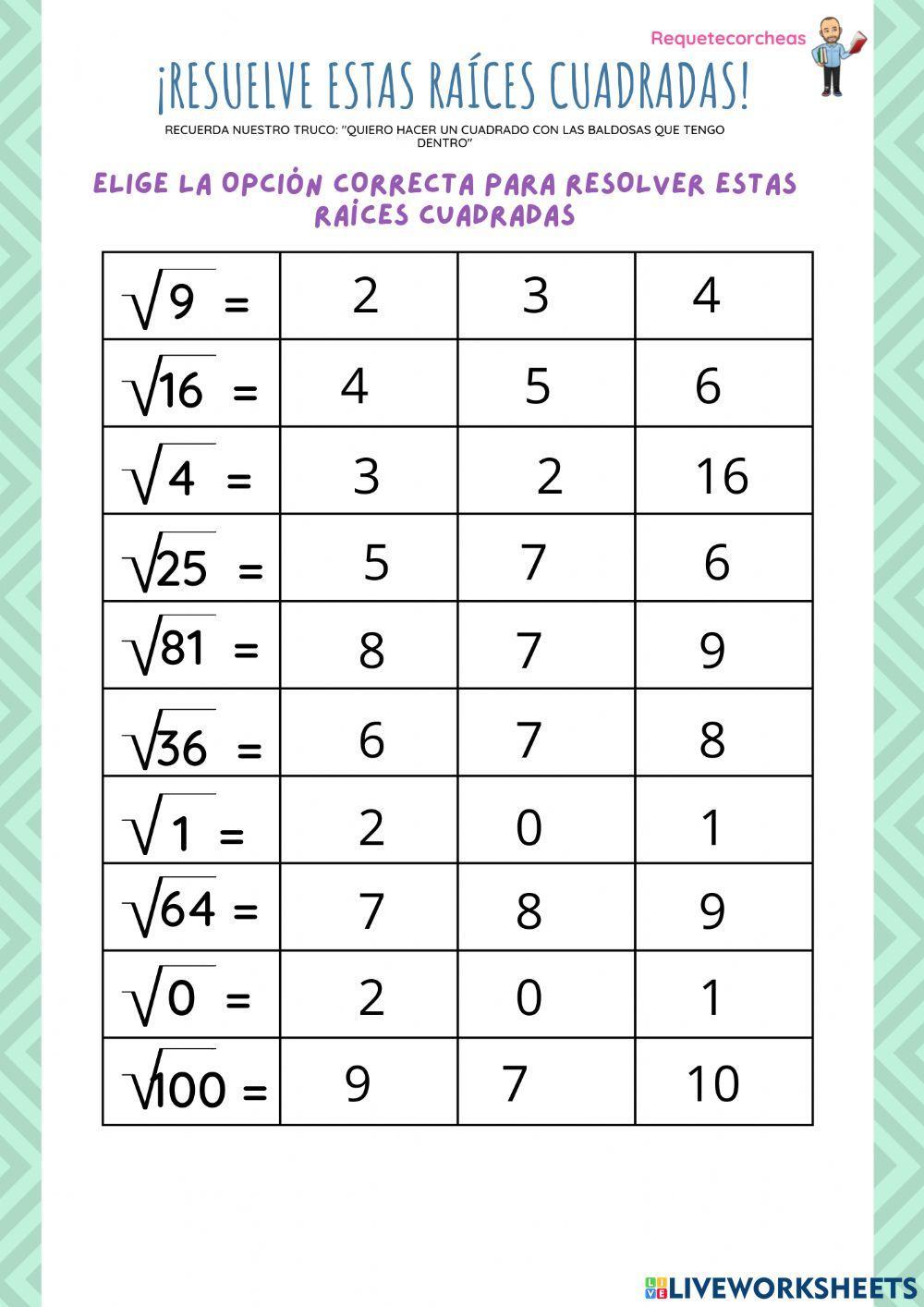 Raíces cuadradas Matemáticas activity | Live Worksheets