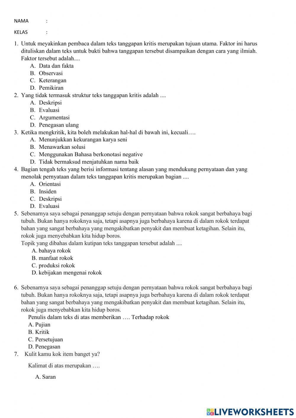Teks Tanggapan online activity for 9 | Live Worksheets