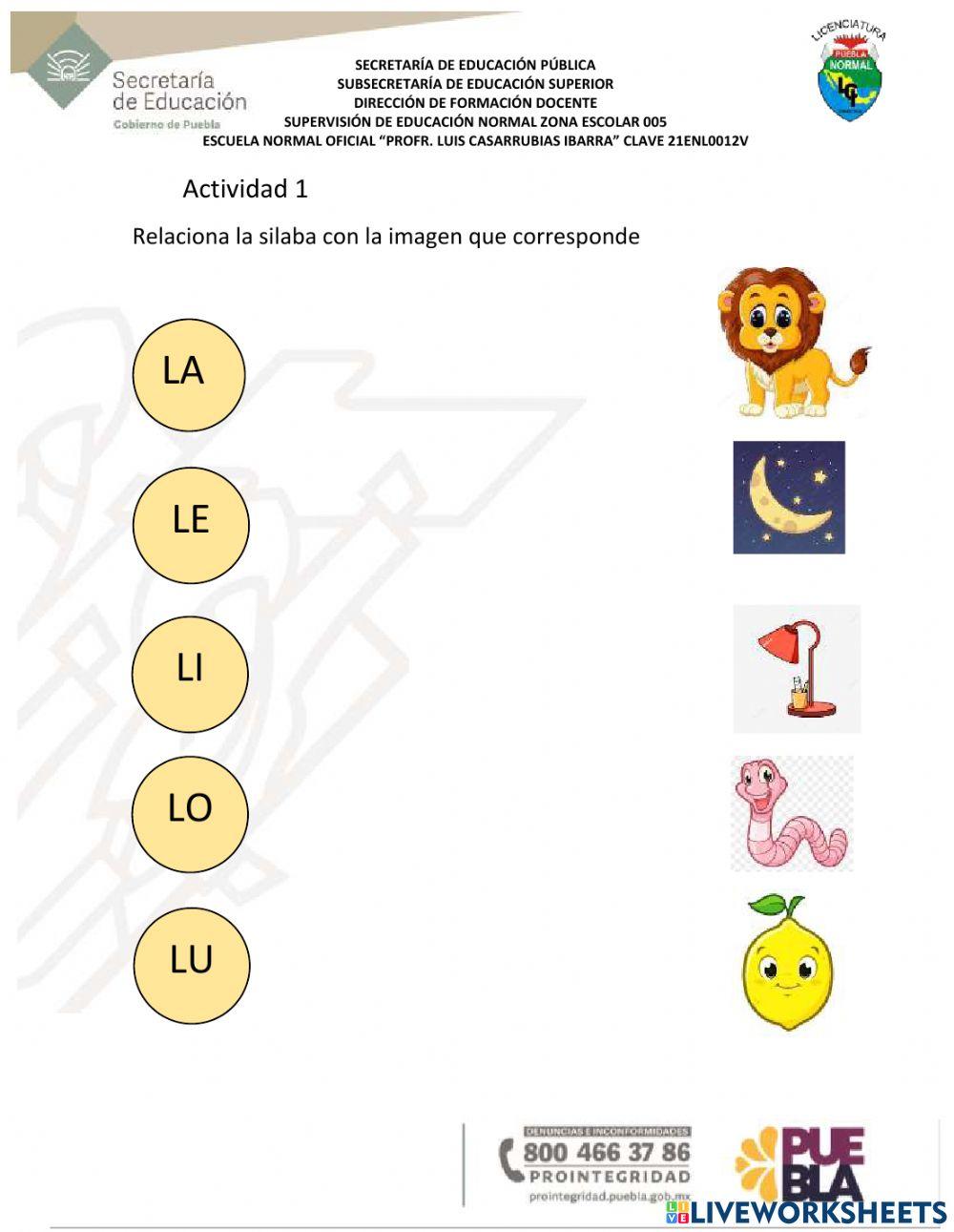 Silabas de L worksheet | Live Worksheets