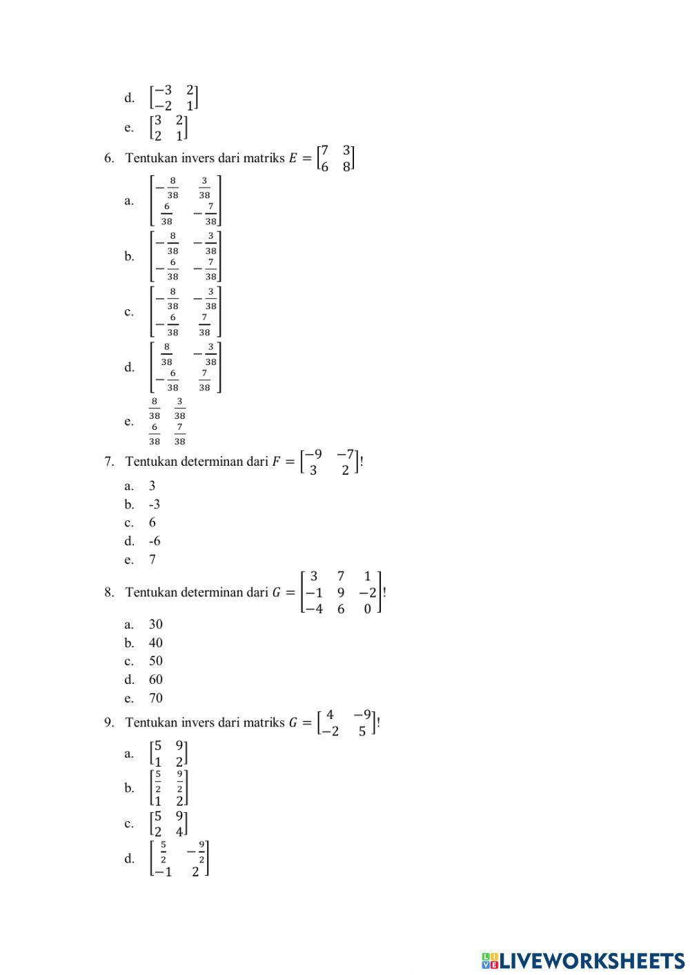 Latihan soal determinan dan invers matriks worksheet | Live Worksheets