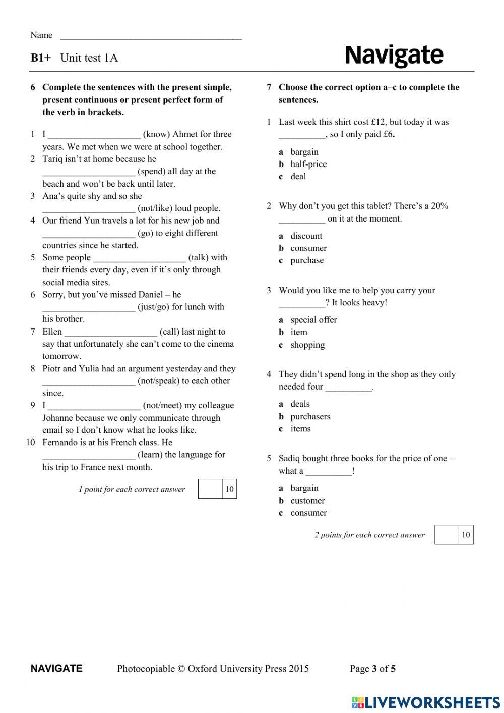Navigate intermediate 1 unit worksheet | Live Worksheets