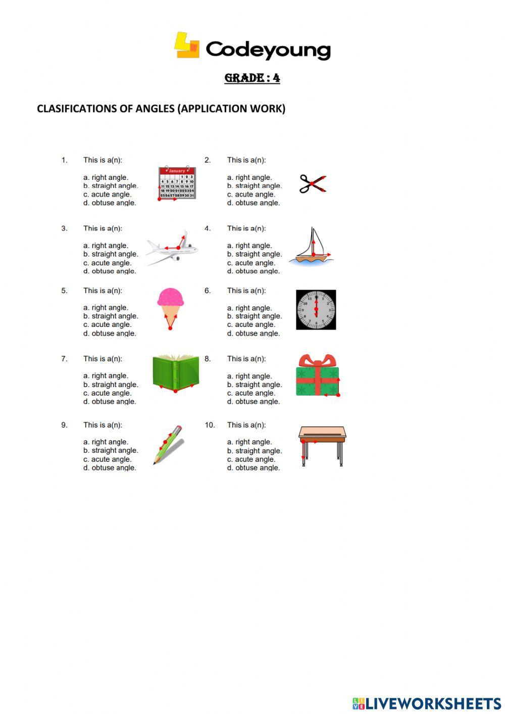 Clasifications of angles (application work)(1) worksheet | Live Worksheets