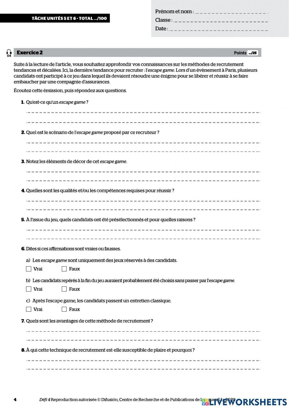 Examen DEFI 4 B… | Free Interactive Worksheets | 6910180