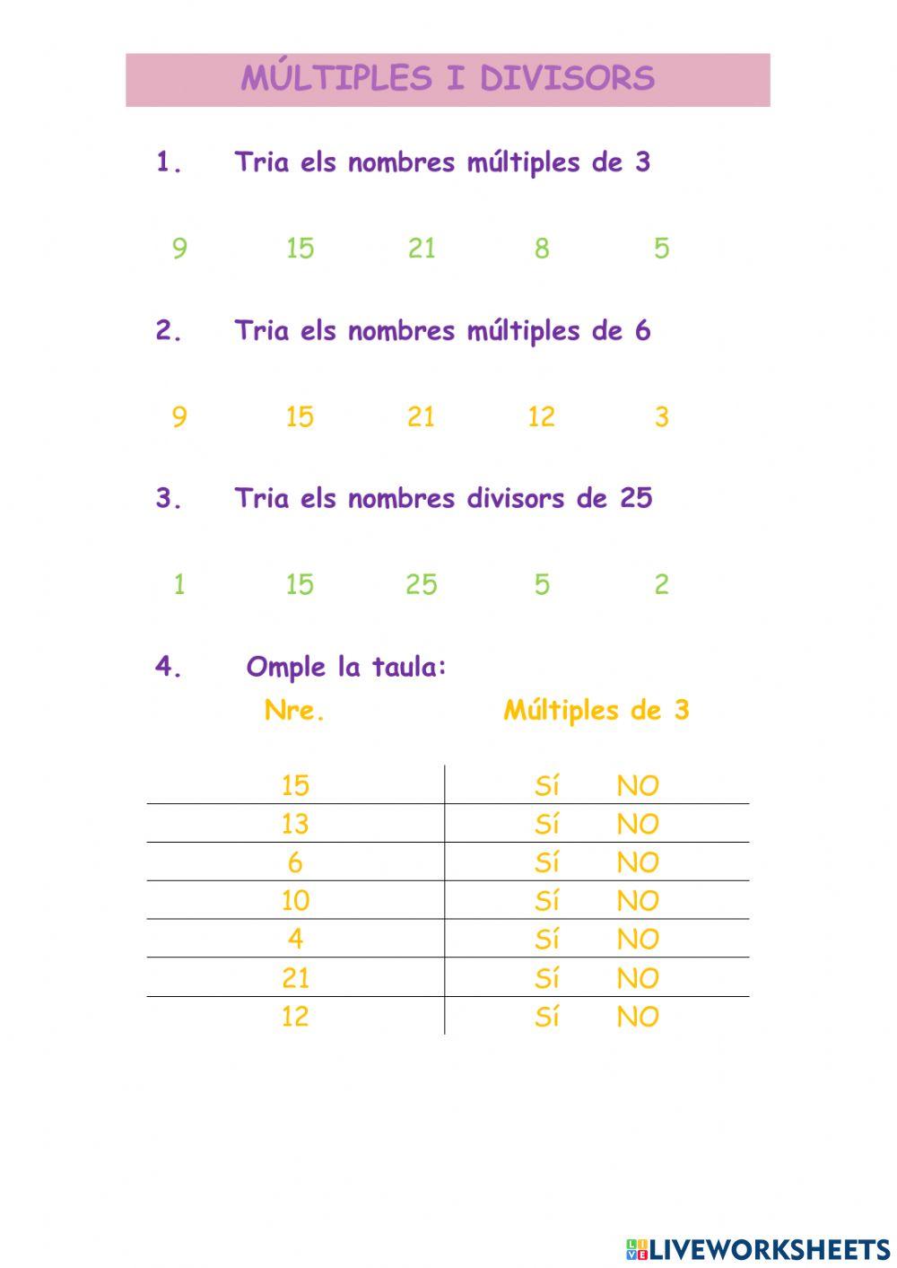 Múltiples i divisors online exercise for | Live Worksheets