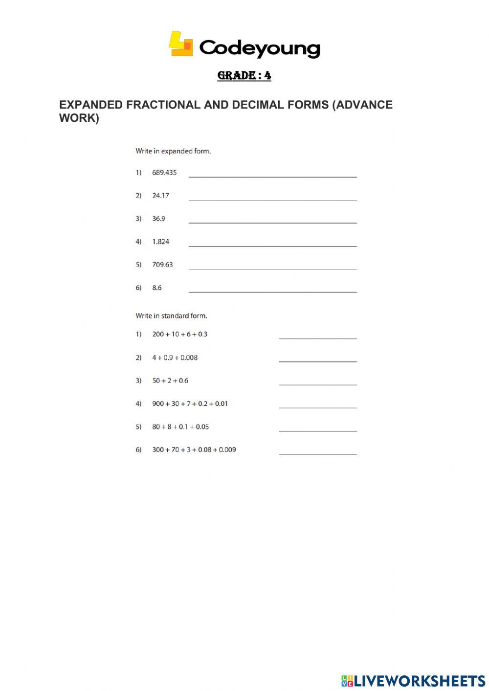 Expanded fractional and decimal forms (advance work) worksheet | Live ...