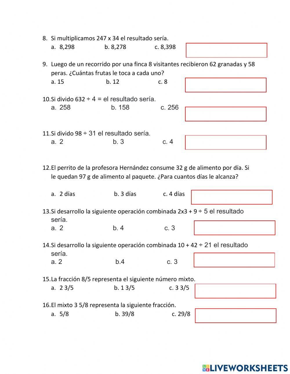 PRUEBA DE MATEM… | Free Interactive Worksheets | 2446007