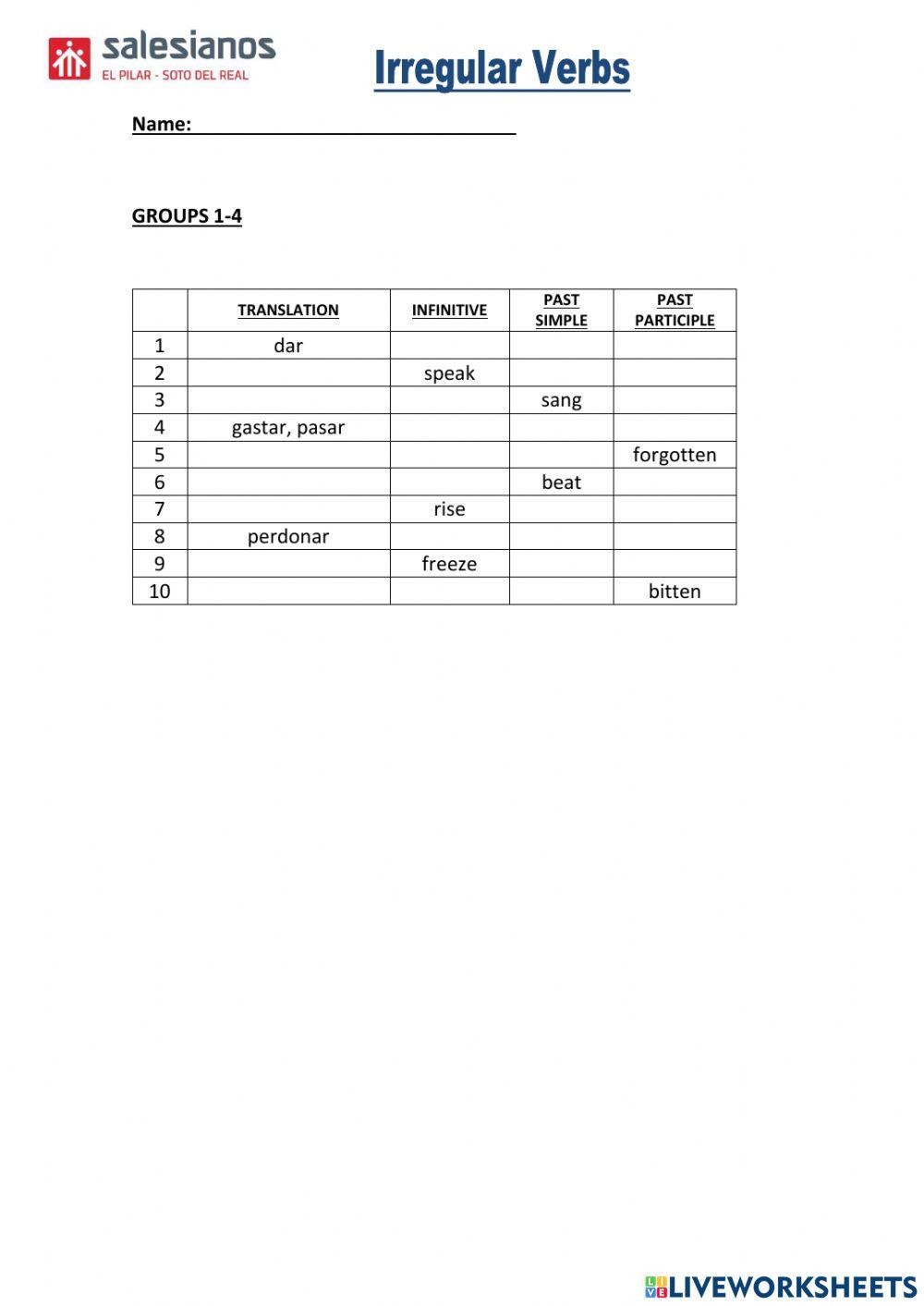 Irregular Verbs Groups 1-4 worksheet | Live Worksheets