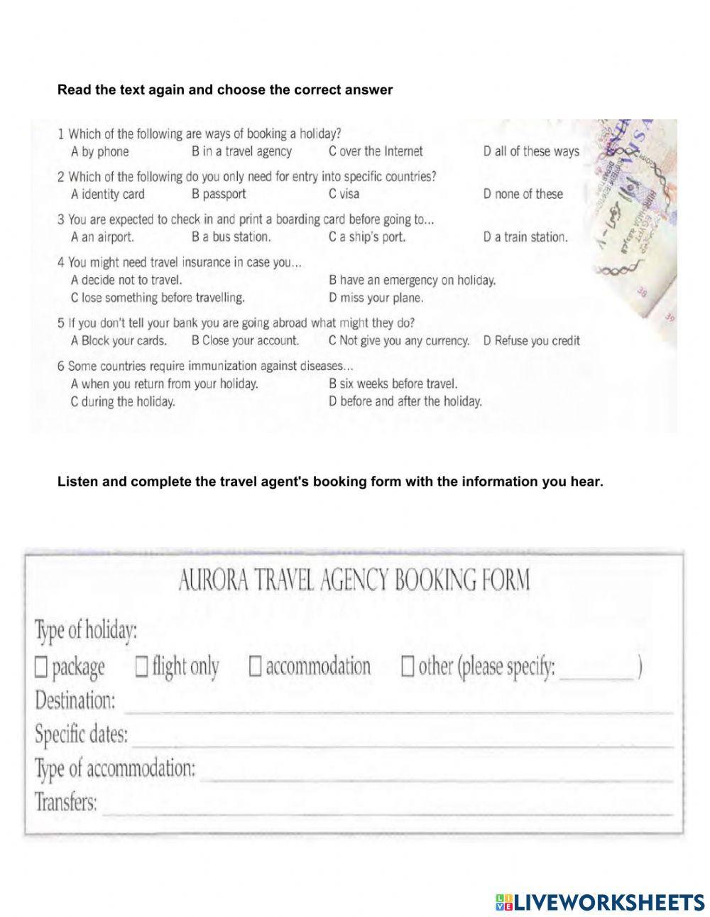 Booking a holiday interactive worksheet | Live Worksheets