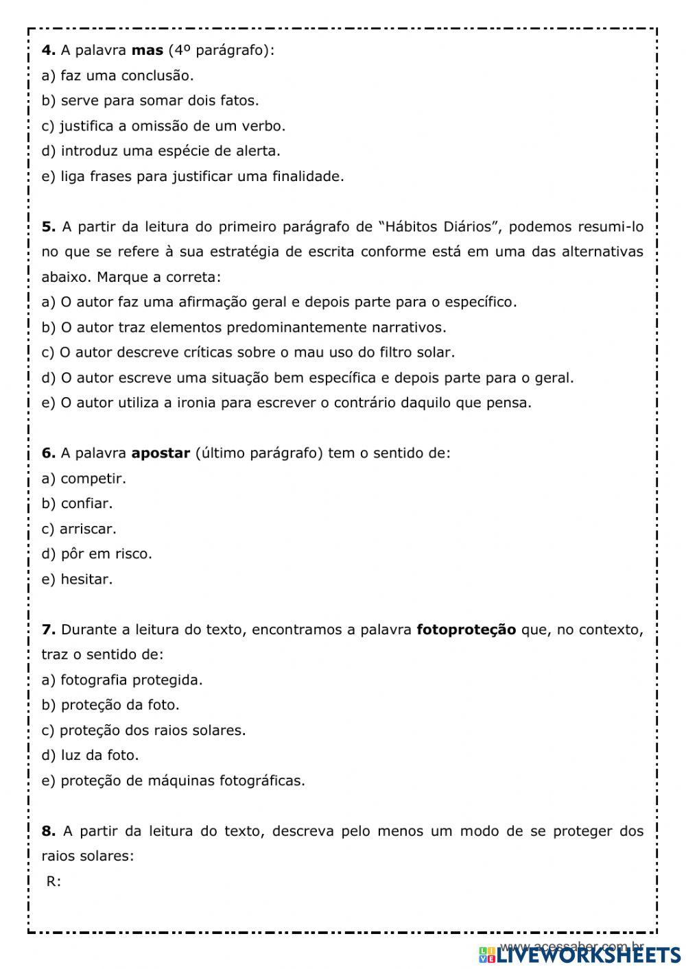 Interpretação Textual - Avançado worksheet | Live Worksheets