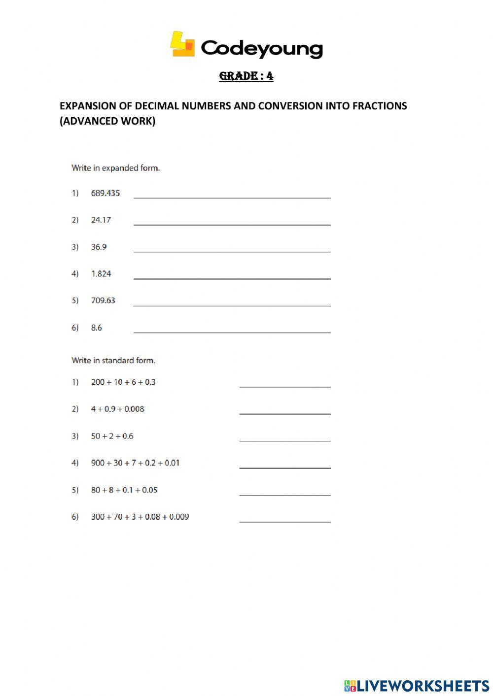 Expansion of decimal numbers and conversion into fractions (advanced ...