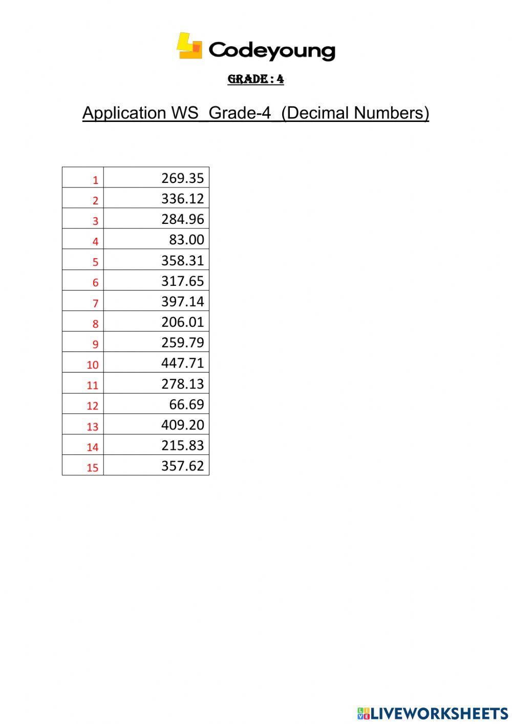 Application WS-Grade-4-(Decimal Numbers) worksheet | Live Worksheets