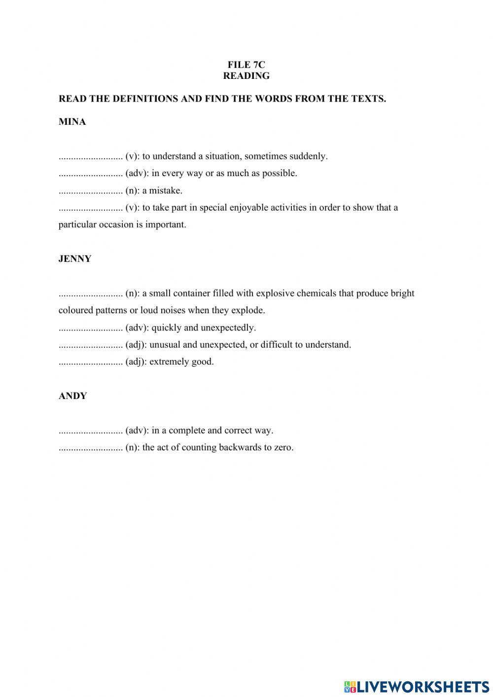 FILE 7C READING | İpek Balcı | Live Worksheets FILE 7C READING | İpek Balcı | Live Worksheets