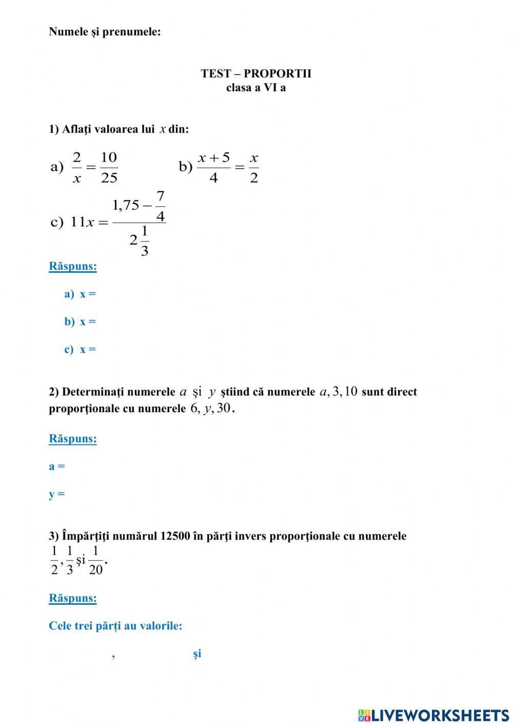 Evaluare proportii worksheet | Live Worksheets
