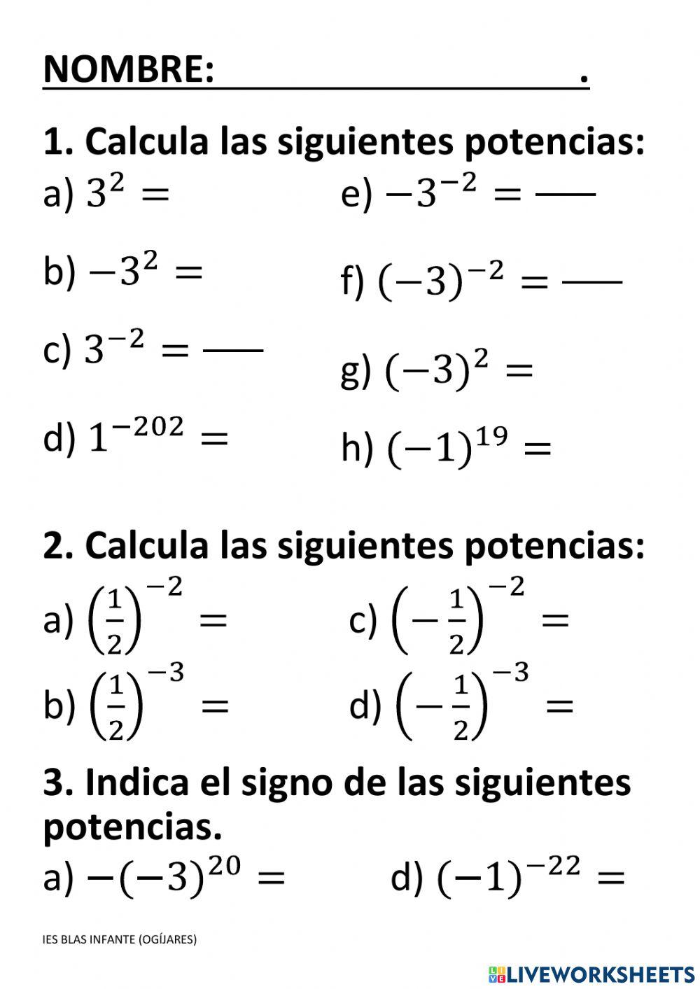 Repaso de potencias de exponente entero worksheet | Live Worksheets
