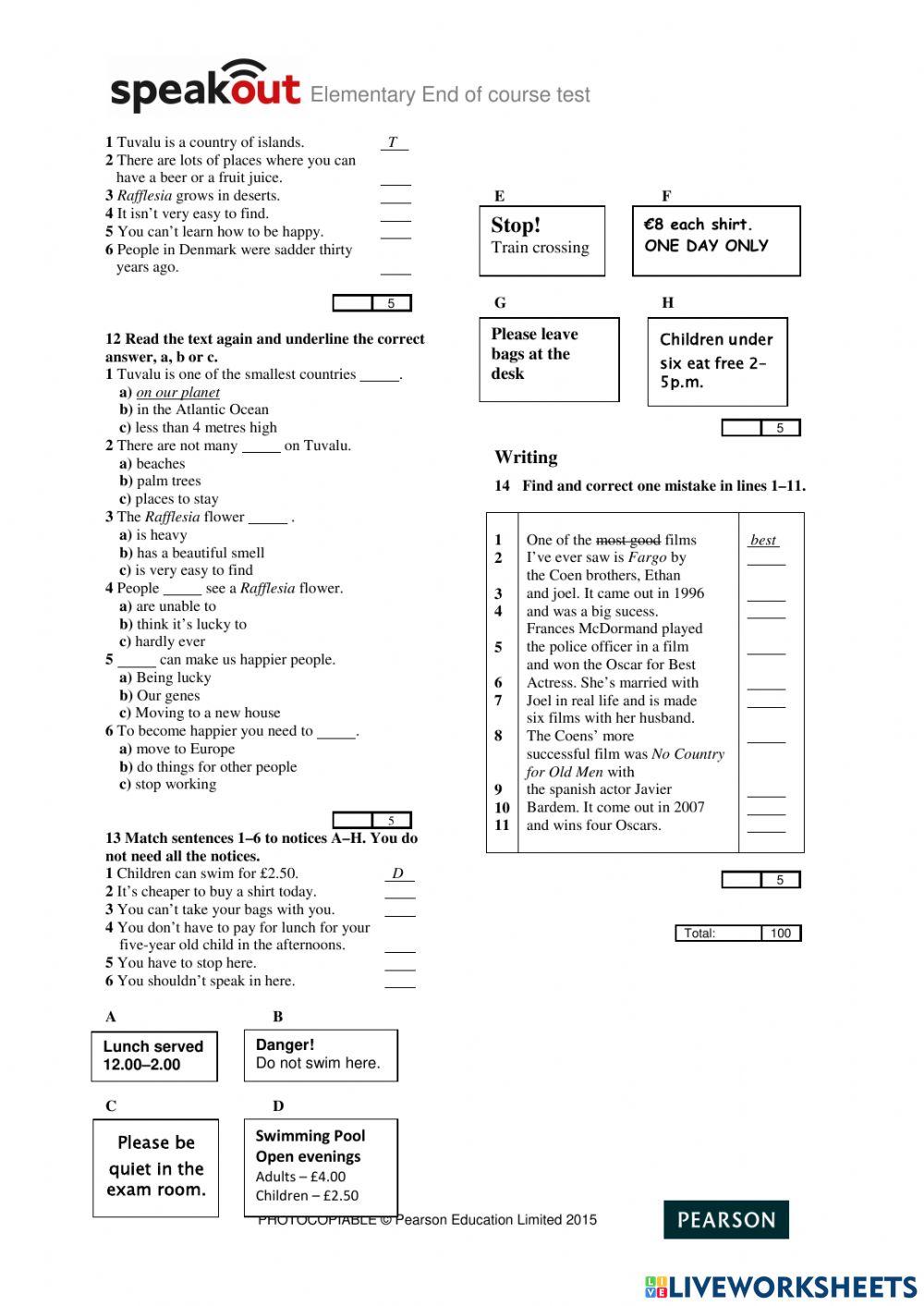 Speakout Elemen… | Free Interactive Worksheets | 6905354