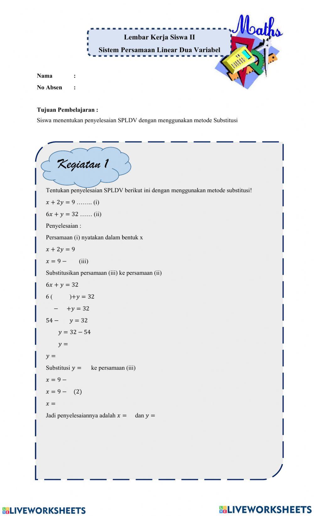SPLDV Substitusi interactive worksheet | Live Worksheets