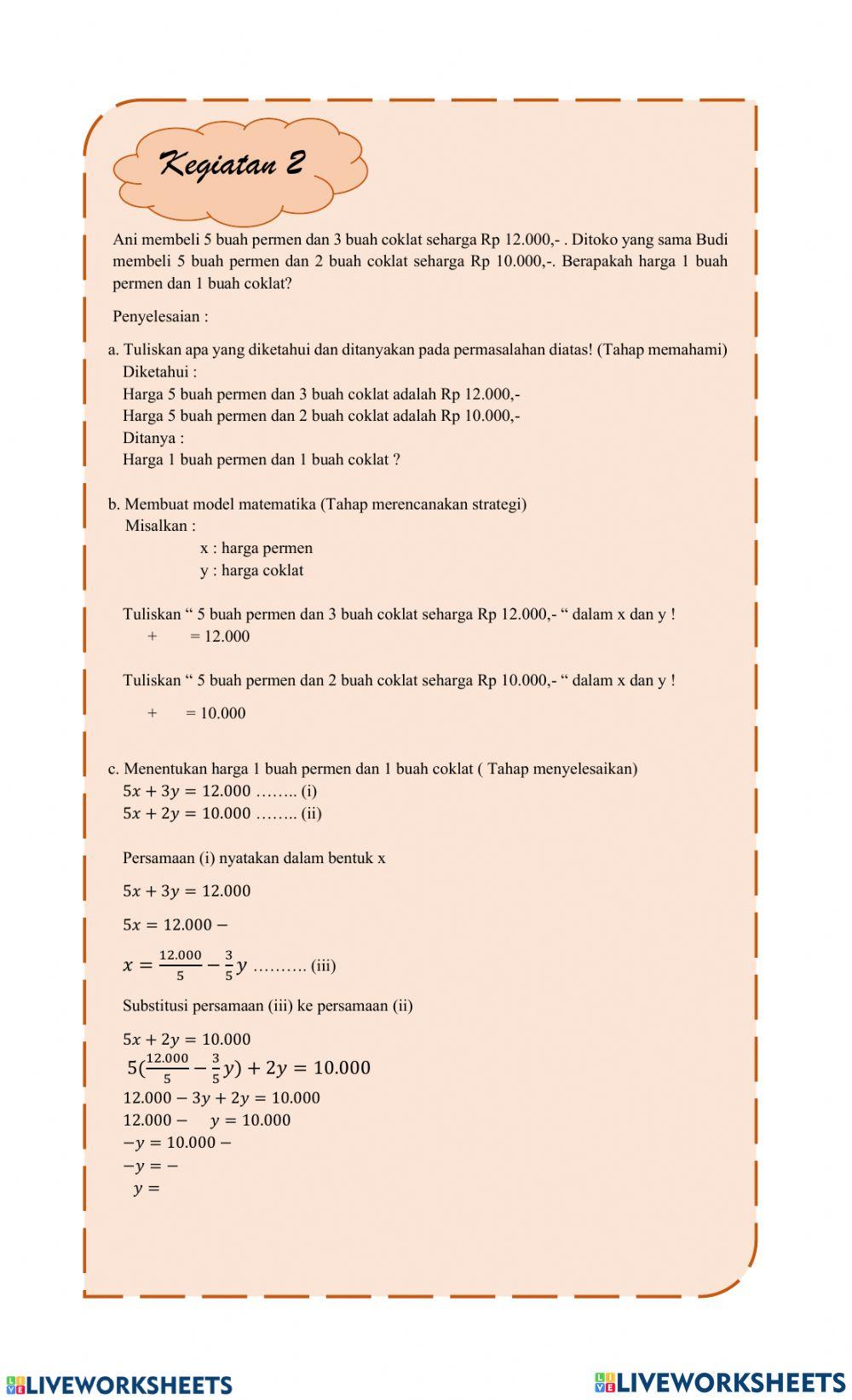 SPLDV Substitusi interactive worksheet | Live Worksheets