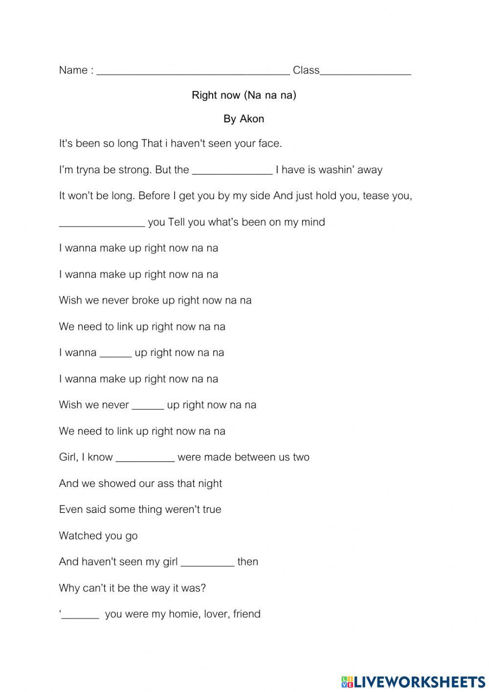 Dictation Right now (na na na) - Akon worksheet | Live Worksheets