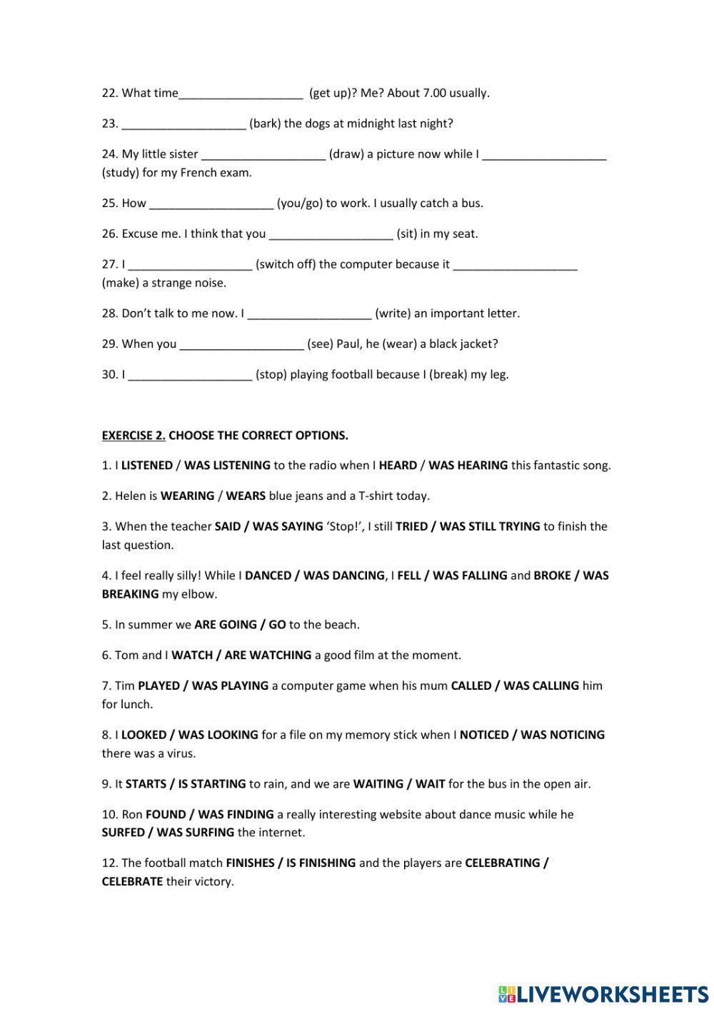 Exercises of Present and Past (Simple and Continuous) worksheet | Live ...