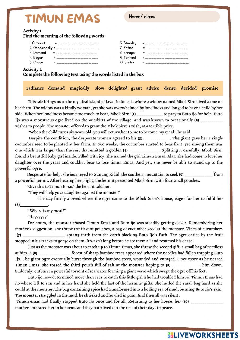 Folktales: timun emas worksheet | Live Worksheets