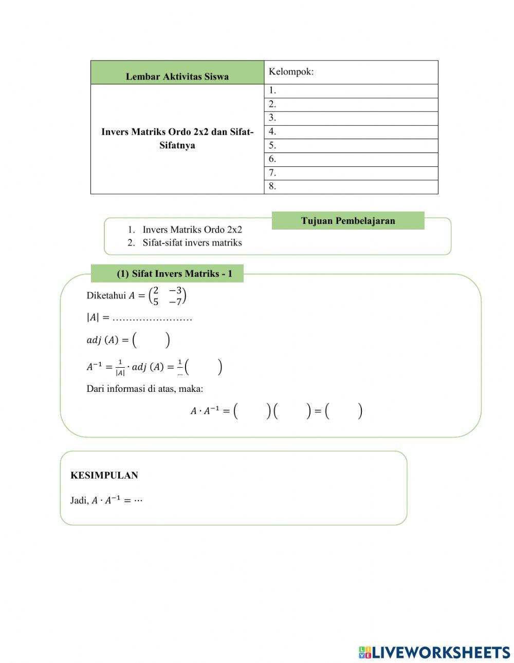 LAS - Sifat Sifat Invers Matriks worksheet | Live Worksheets