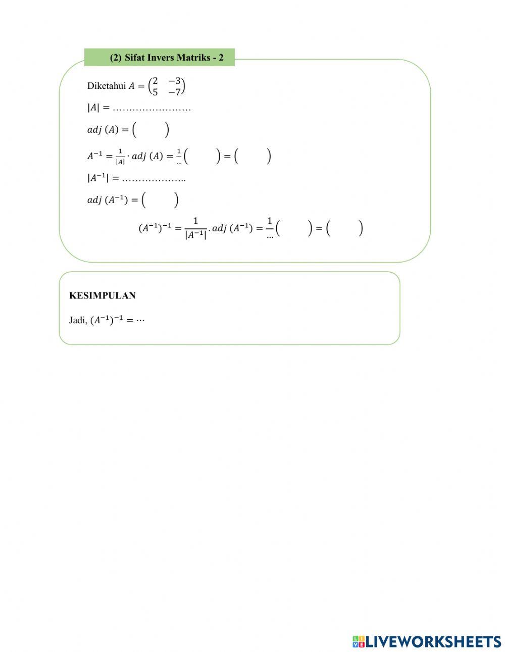 LAS - Sifat Sifat Invers Matriks worksheet | Live Worksheets
