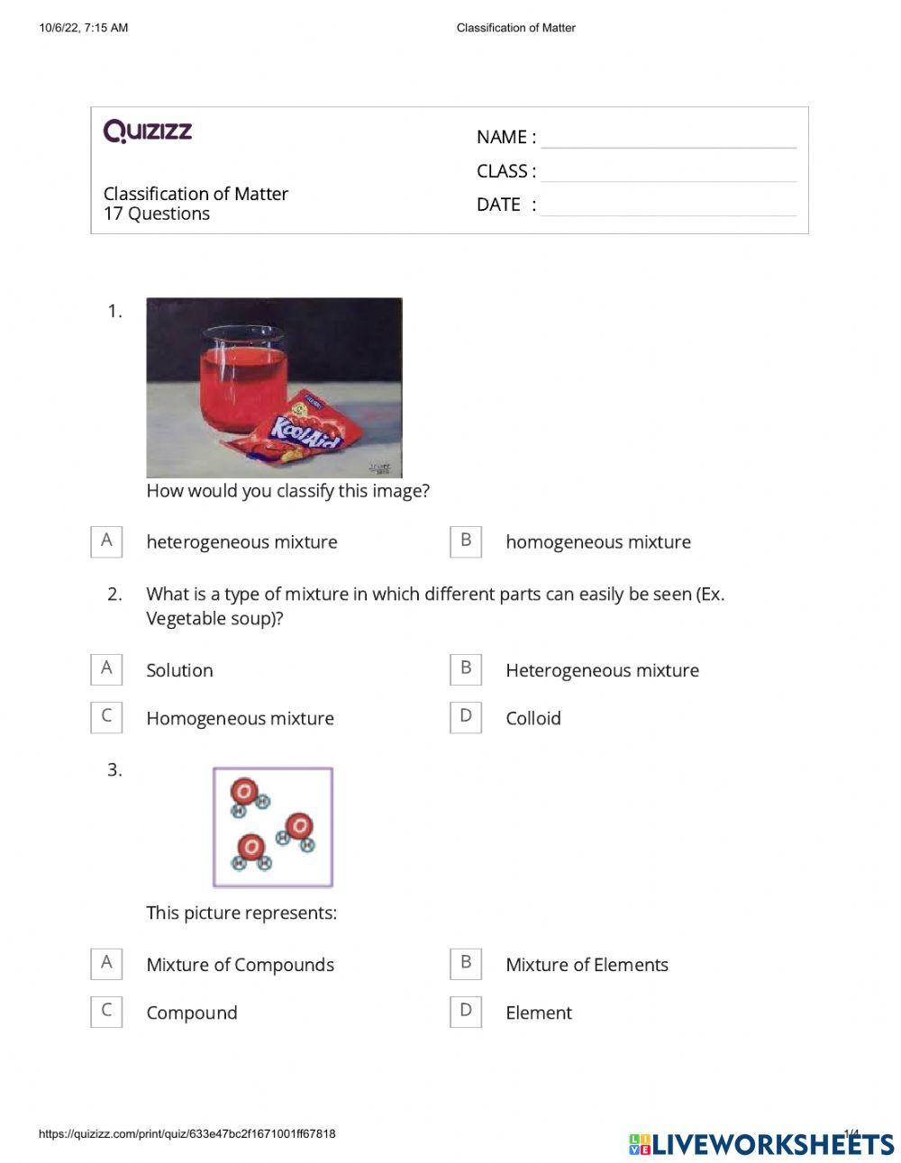 2167508 | Classification of Matter | kh | LiveWorksheets 2167508 | Classification of Matter | kh | LiveWorksheets