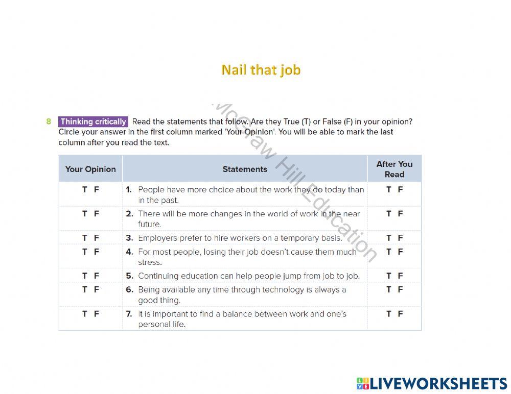 Nail that Job worksheet | Live Worksheets