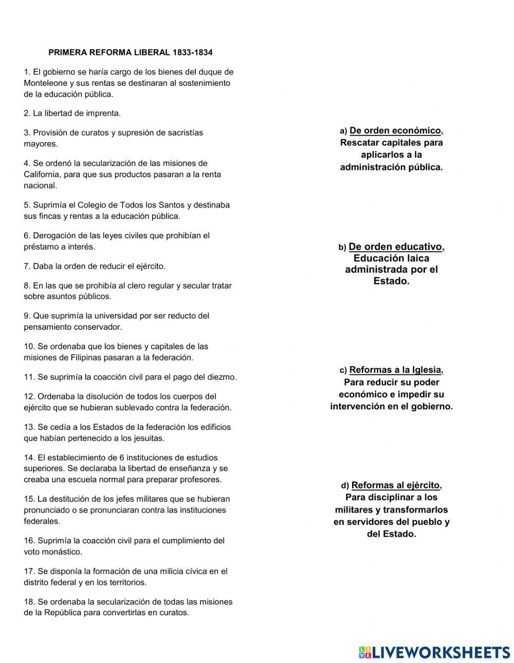 Primera Reforma Liberal 1833-1834 worksheet | Live Worksheets