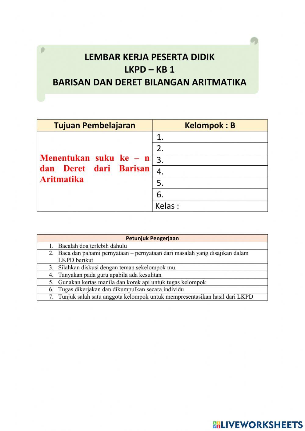 Barisan dan deret bilangan aritmatika worksheet | Live Worksheets