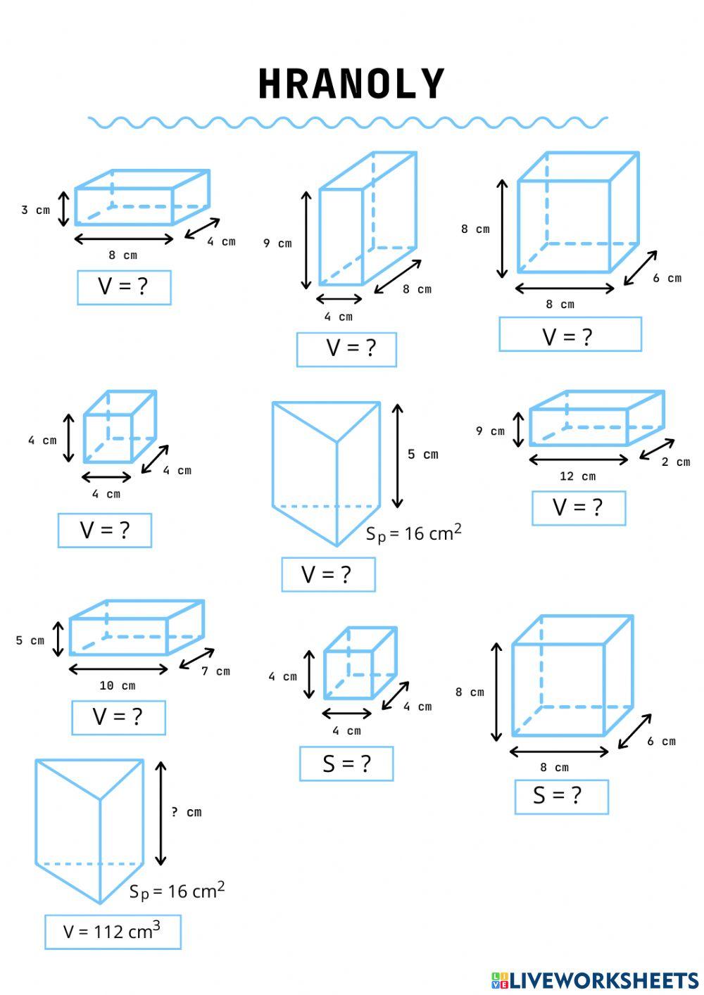 Hranoly - povrch, objem online exercise for | Live Worksheets
